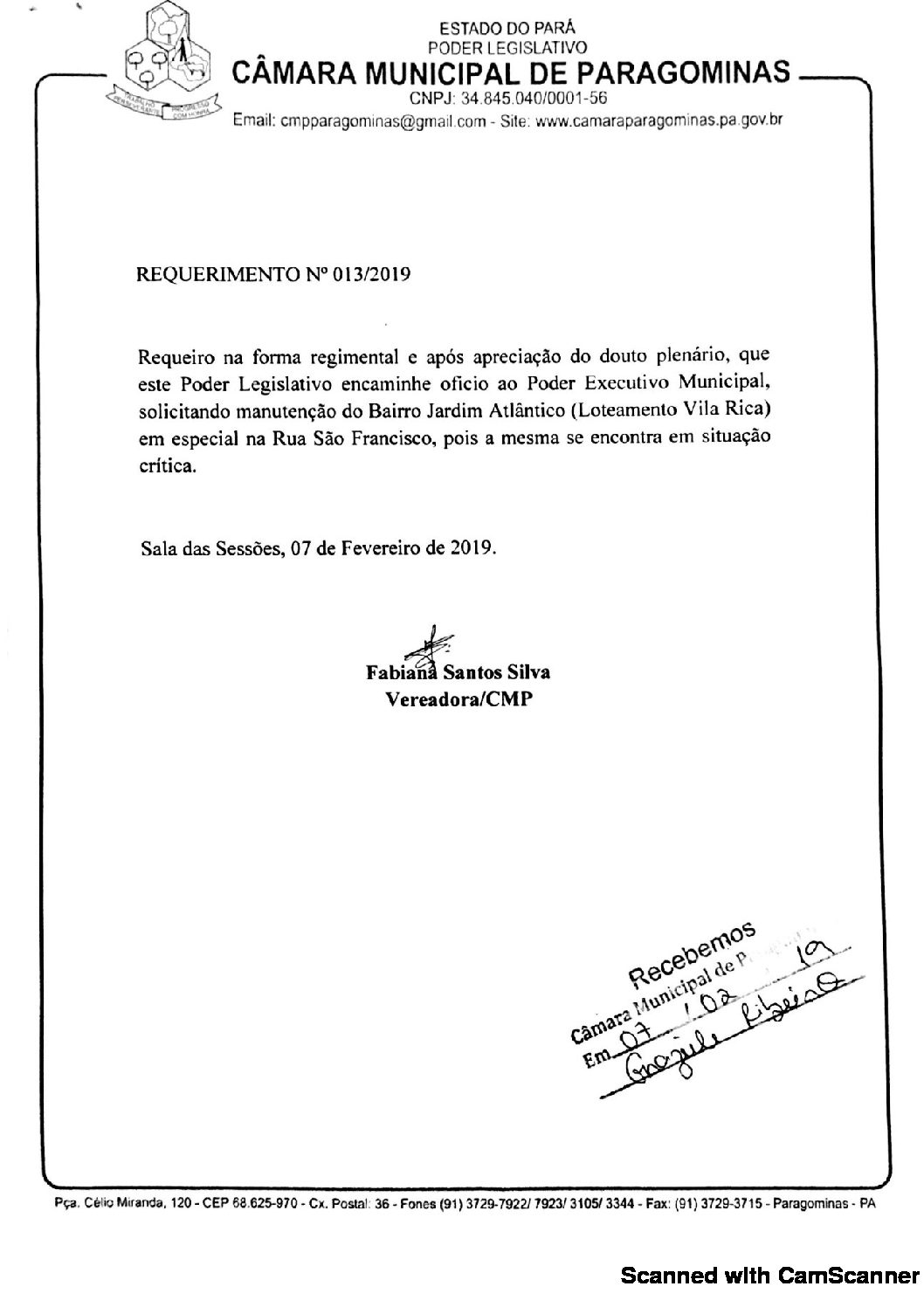 Requerimento Nº 013-2019 - Câmara Municipal de Paragominas